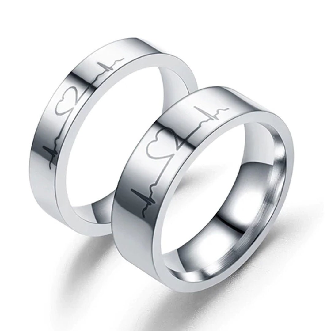 Personalized Stainless Steel Heartbeat and Heart Couple Rings - Etsy