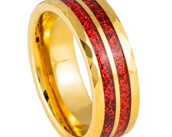 Yellow Gold IP Plated Faceted Red Glitter Inlay 8mm Tungsten Ring, Men ...