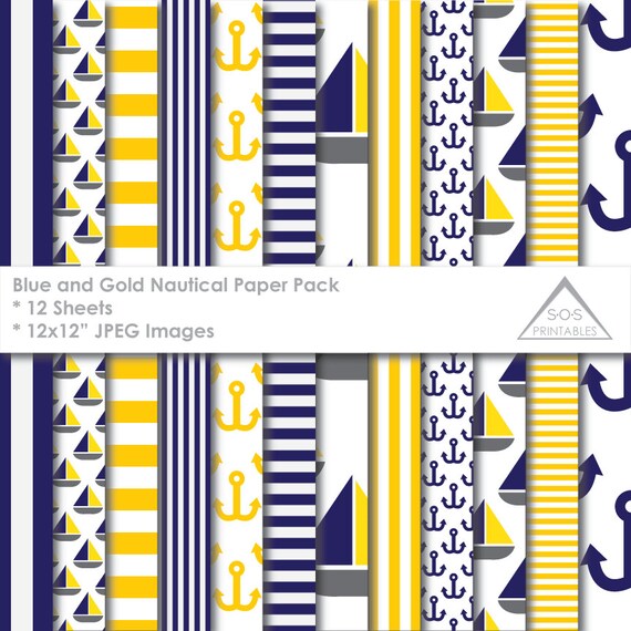 Blue and Gold Nautical Digital Paper Pack- 12 Pages - Instant Download ...