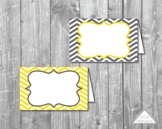 Gray and Yellow Chevron Tent Labels, Buffet Cards, Editable Labels ...