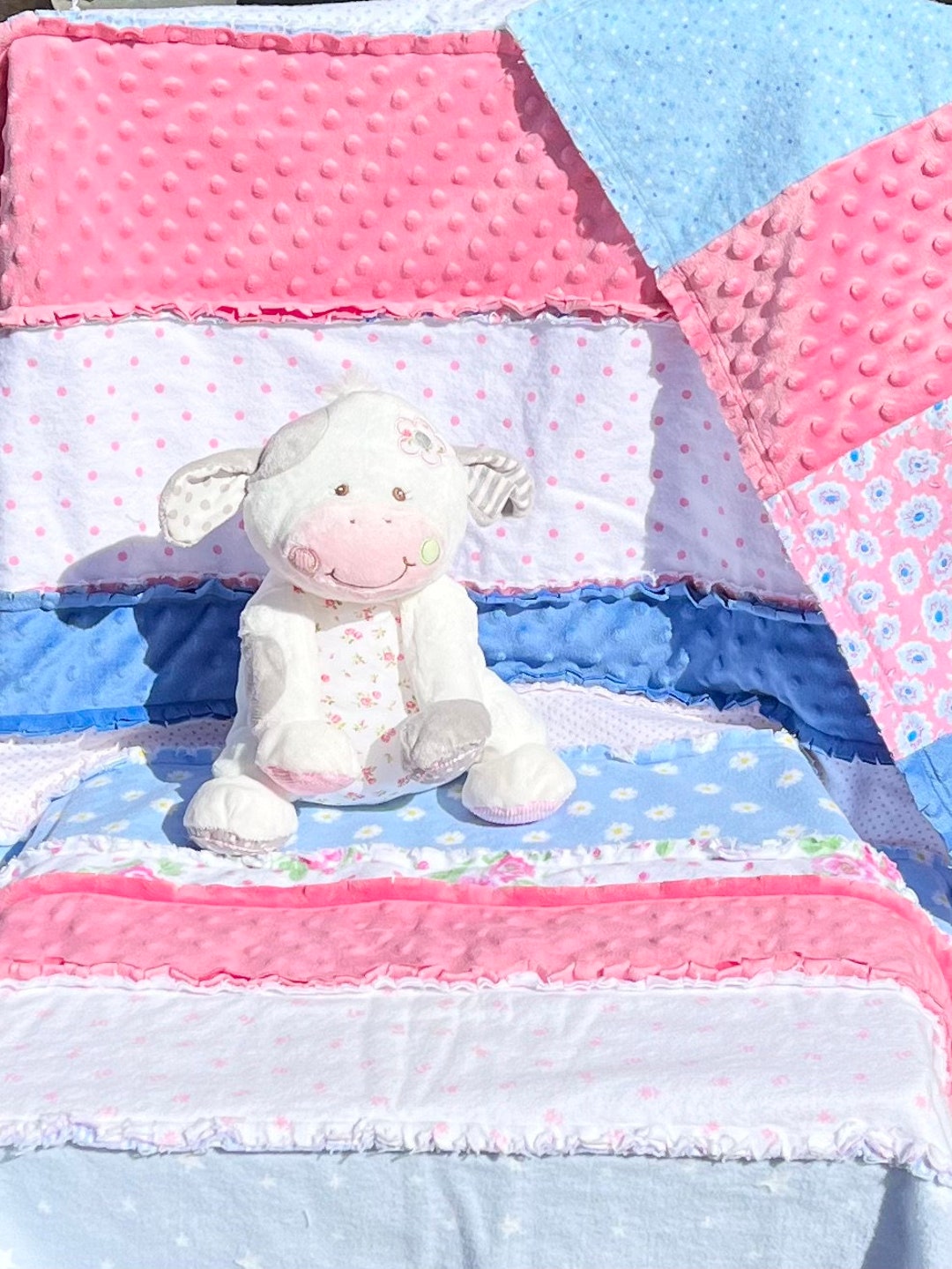 Pink and Blue Bigger Baby Rag Quilt; Pink Strip Rag Quilt; Large Pink ...