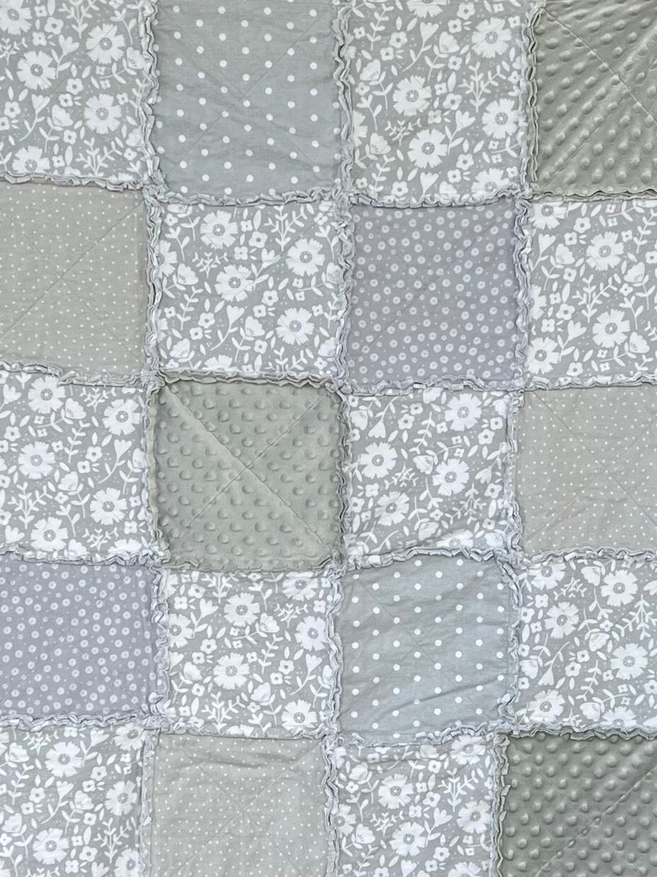Gray Floral Baby Rag Quilt; Gray and White Floral Baby Rag Quilt ...