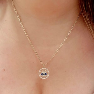 14K Gold Diamond & Enamel Evil Eye Medallion Pendant/ 14K Evil Eye Necklace / Disc Pendant ...
