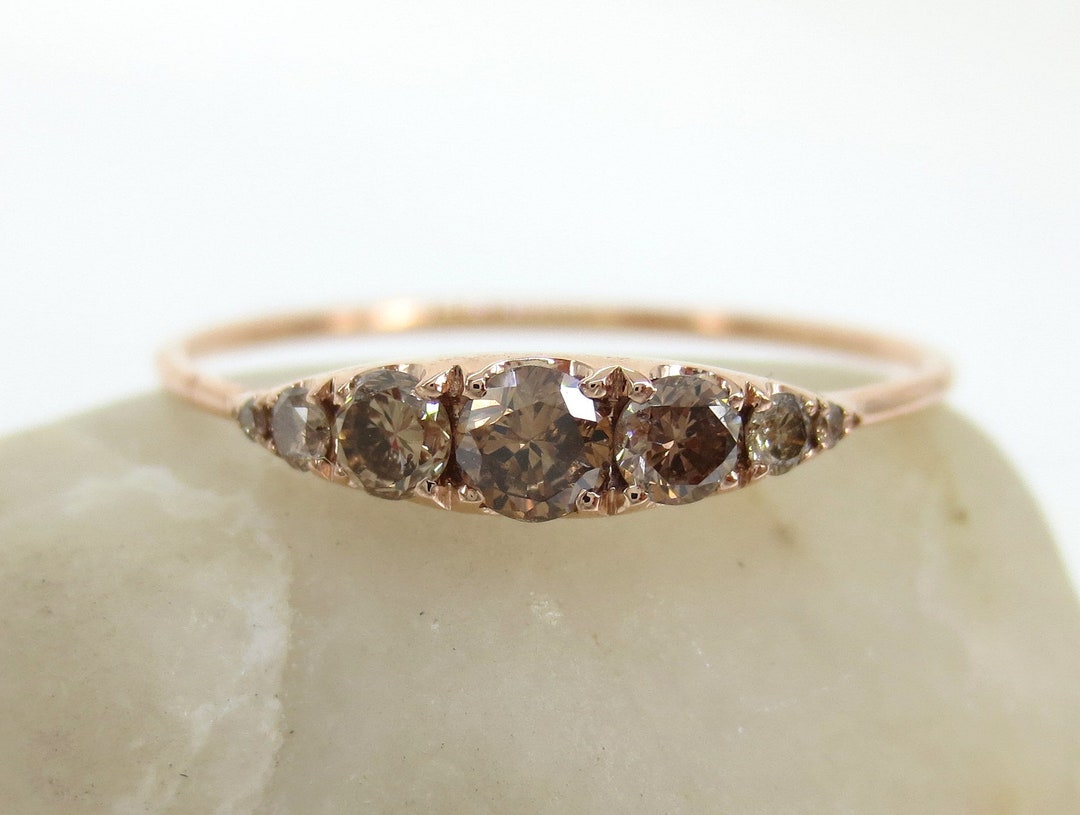 Seven-stone Graduated Champagne Diamond Ring 14K/ 18K Rose - Etsy UK