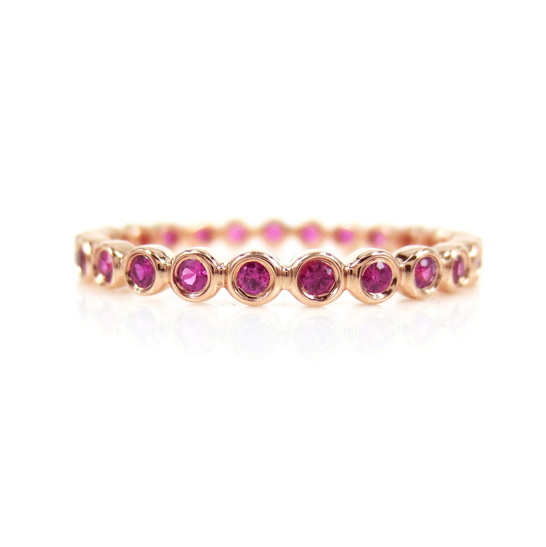 2.2mm Bubble Round Ruby Eternity Band 18K Rose Gold Stacking Rings ...