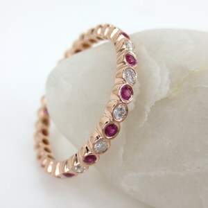 2.2mm Bezel Set Diamond & Ruby Eternity Band in 18K Rose Gold Stacking ...