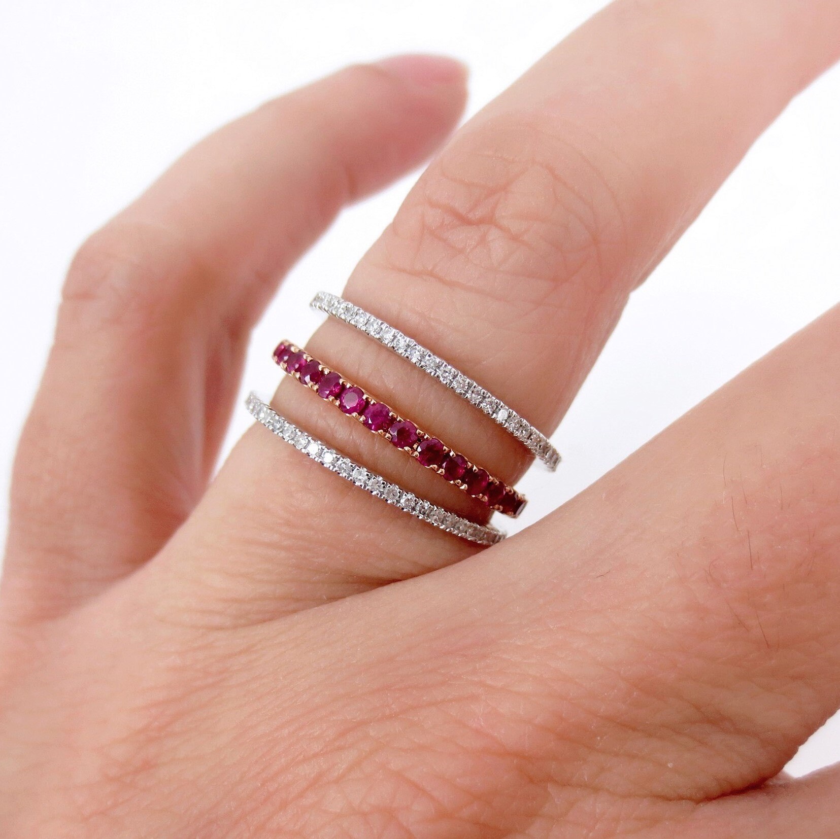Set of 3: Ruby Eternity Band Two Micro Pave Diamond | Etsy