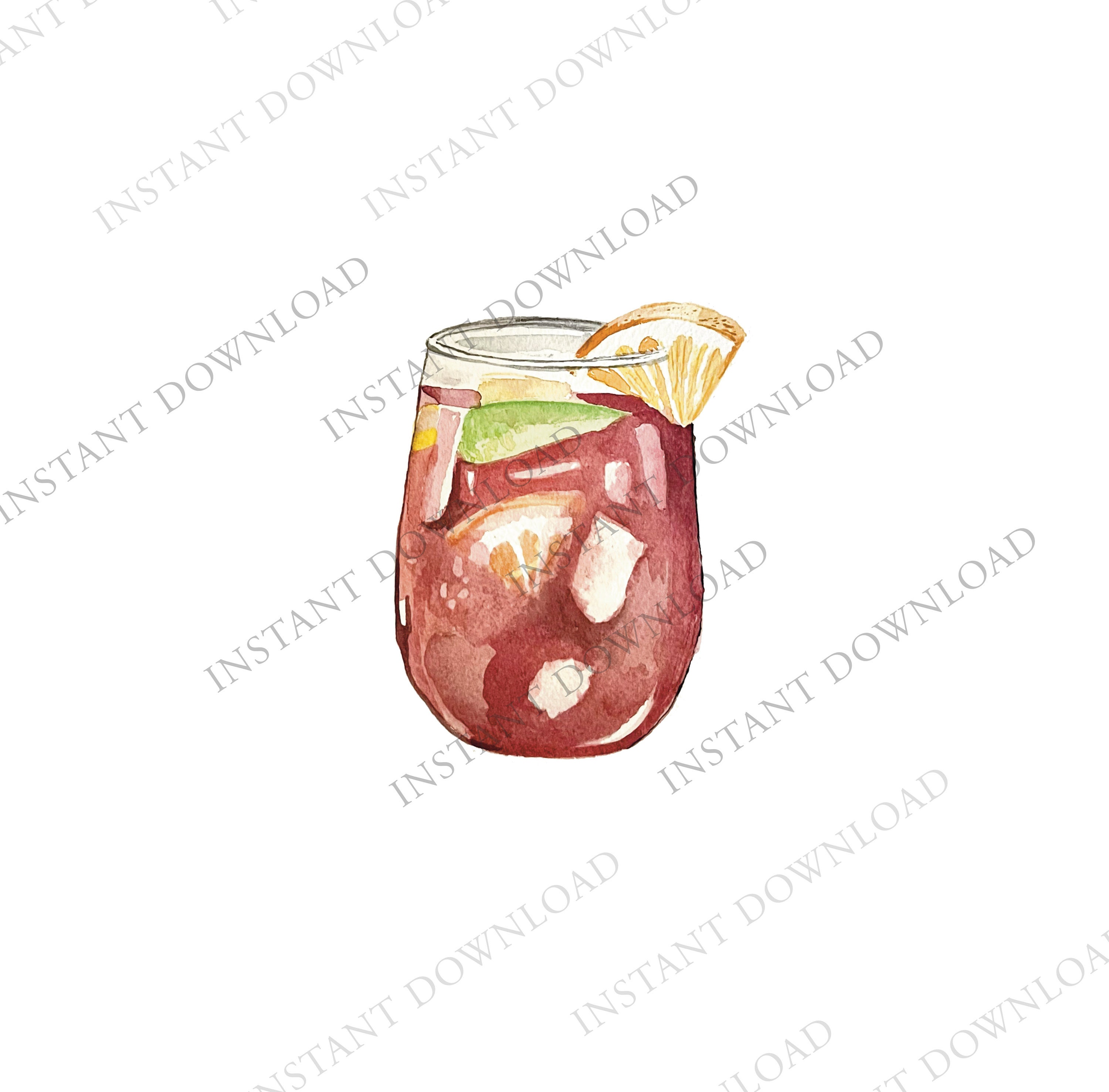 Red Sangria Watercolor Cocktail Image Digital Download. JPG, PNG for ...