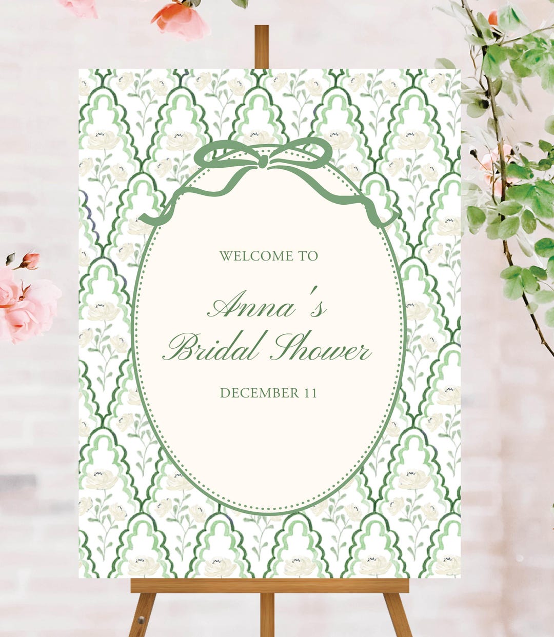 Preppy Floral and Greenery Bridal Shower Welcome Sign, Green Bow Design ...