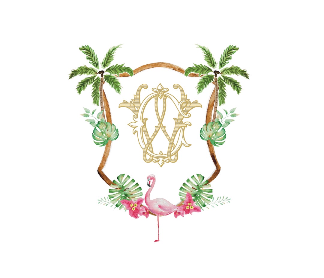 Tropical Monogram Crest With Antique Monogram. Beach Wedding Crest ...