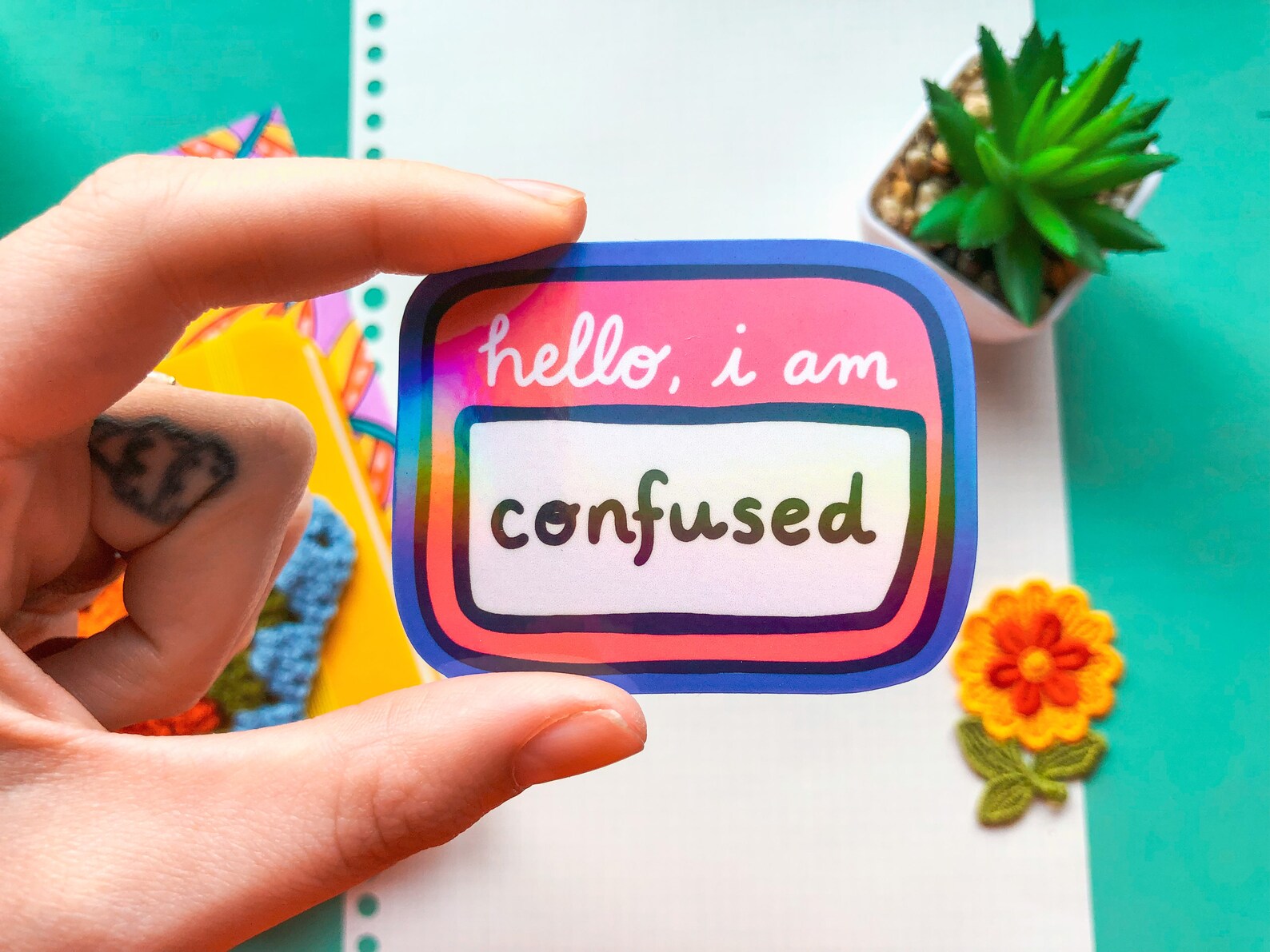 Hello, I Am Confused Vinyl Sticker Funny Holographic Name Tag ...