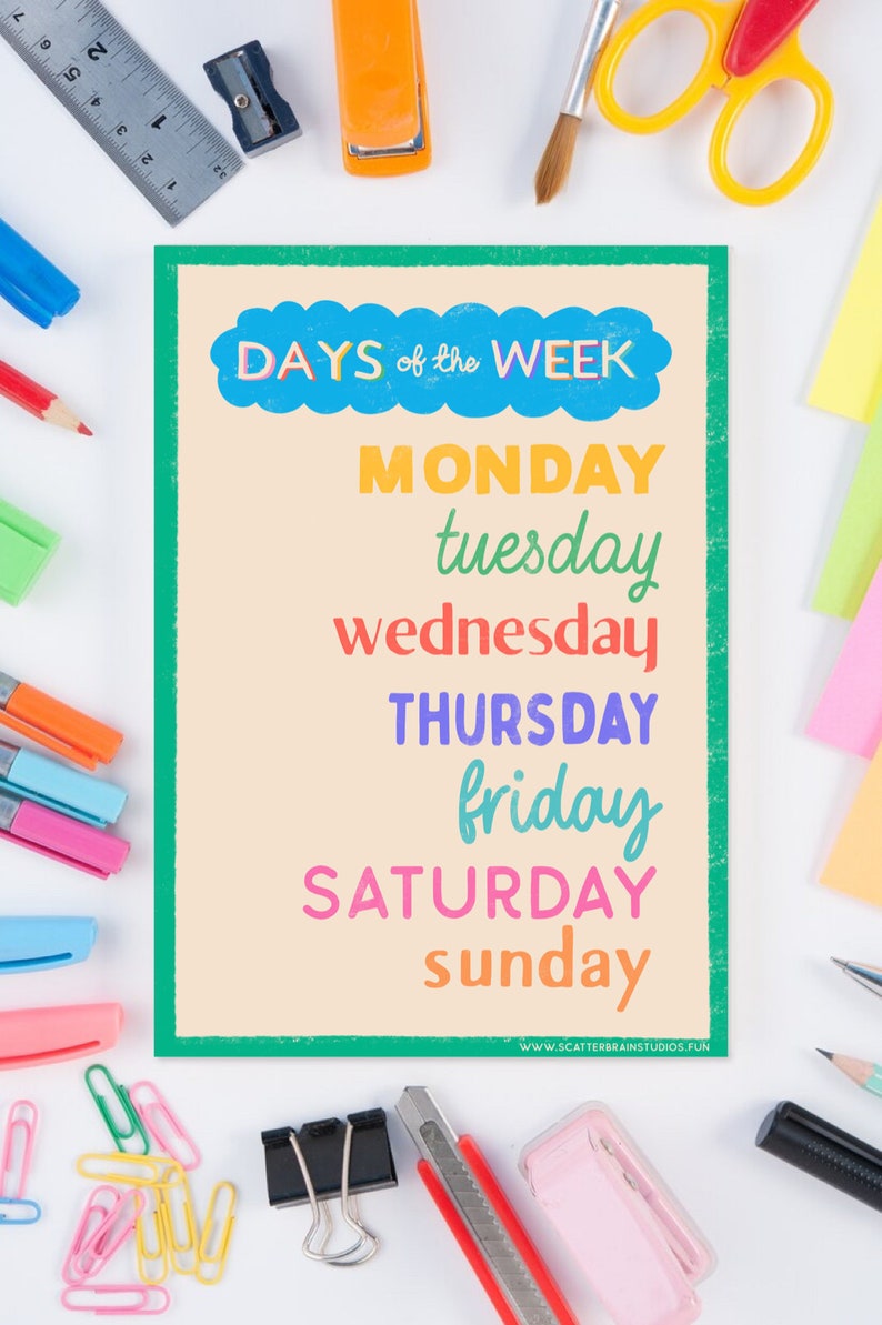 Days of the Week Classroom Poster - Printable Colorful Educational ...