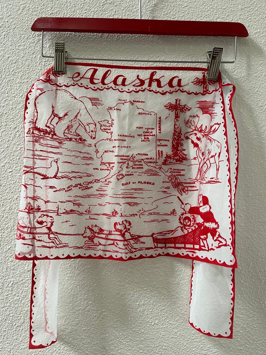 Vintage Child's Apron, Alaska, White Organdy With Red Flocking Souvenir ...