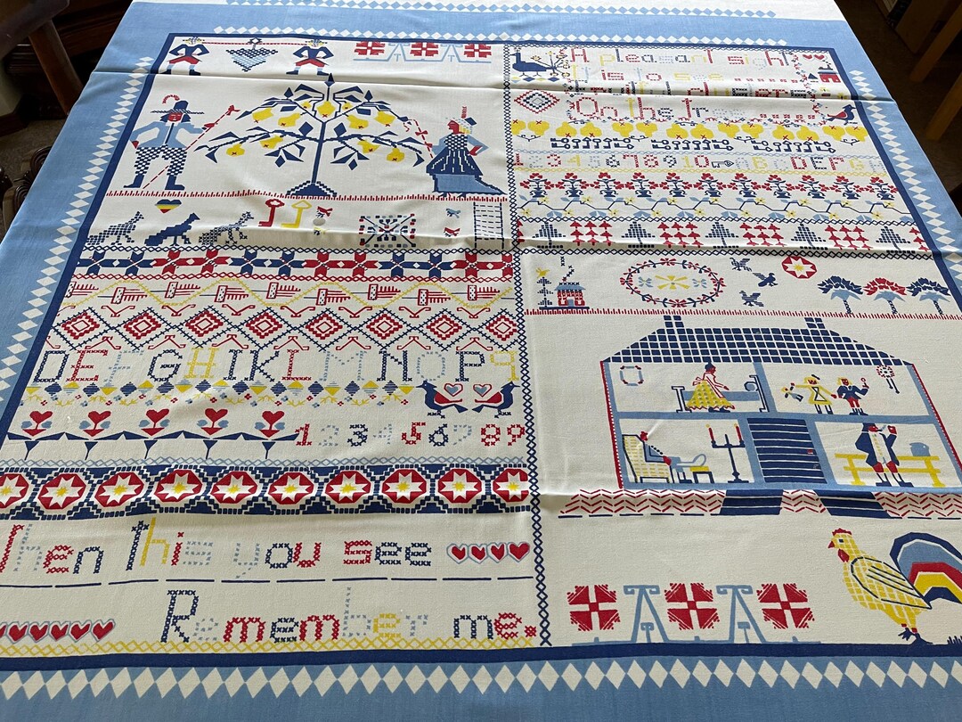 Vintage Tablecloth, Sampler Pattern, Cross Stitch Print, Aristex, Alphabet Sayings Cottagecore ...
