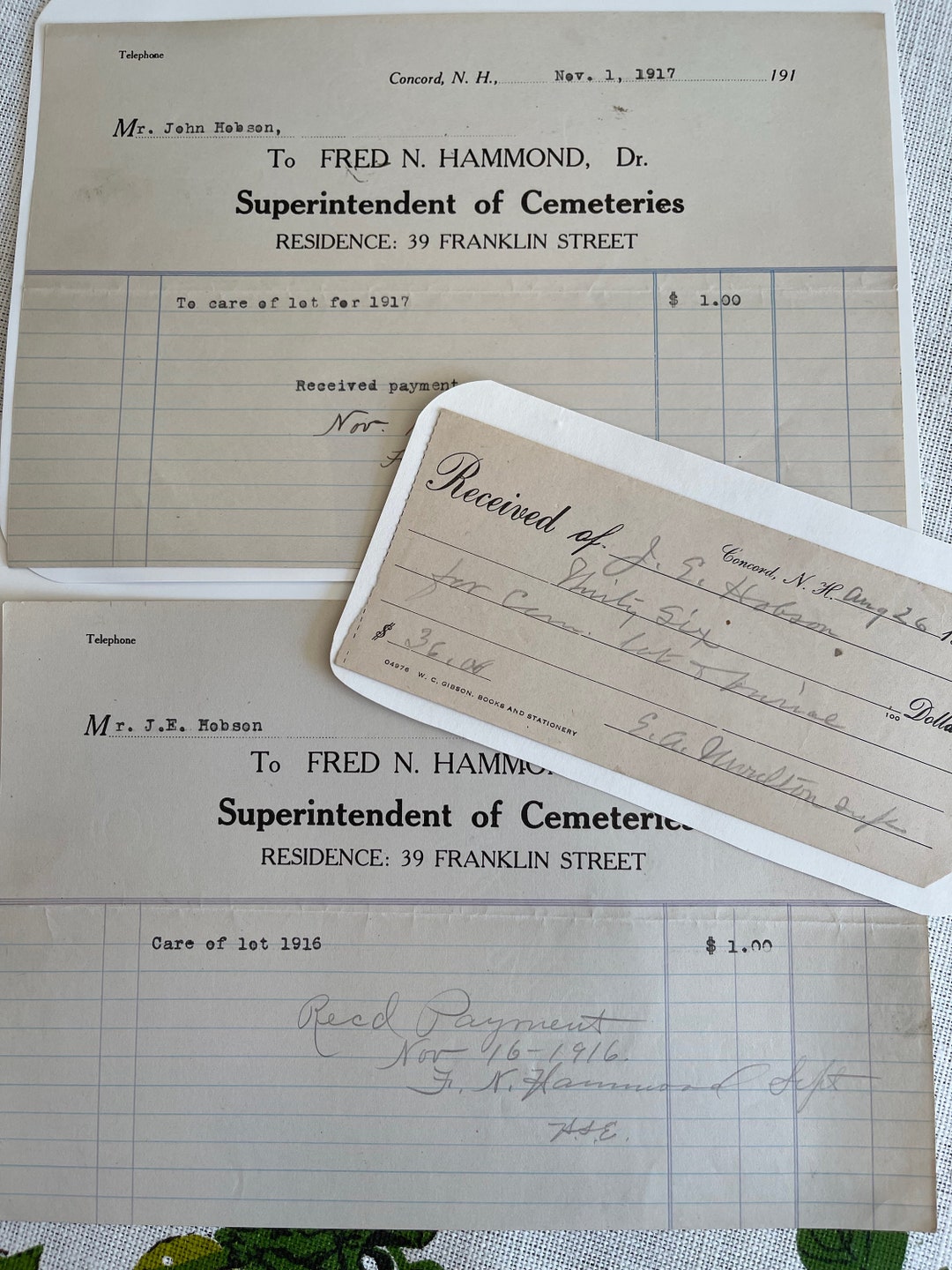 Vintage Cemetery Plot Records, Payment and Maintenance, 1916 Concord ...