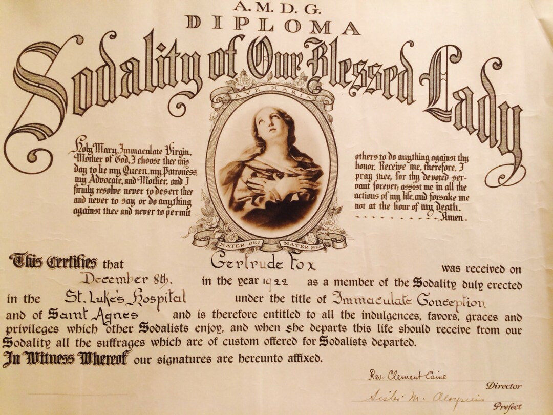 Certificate, Sodality of Our Blessed Lady, Catholic, St Luke's Hospital ...