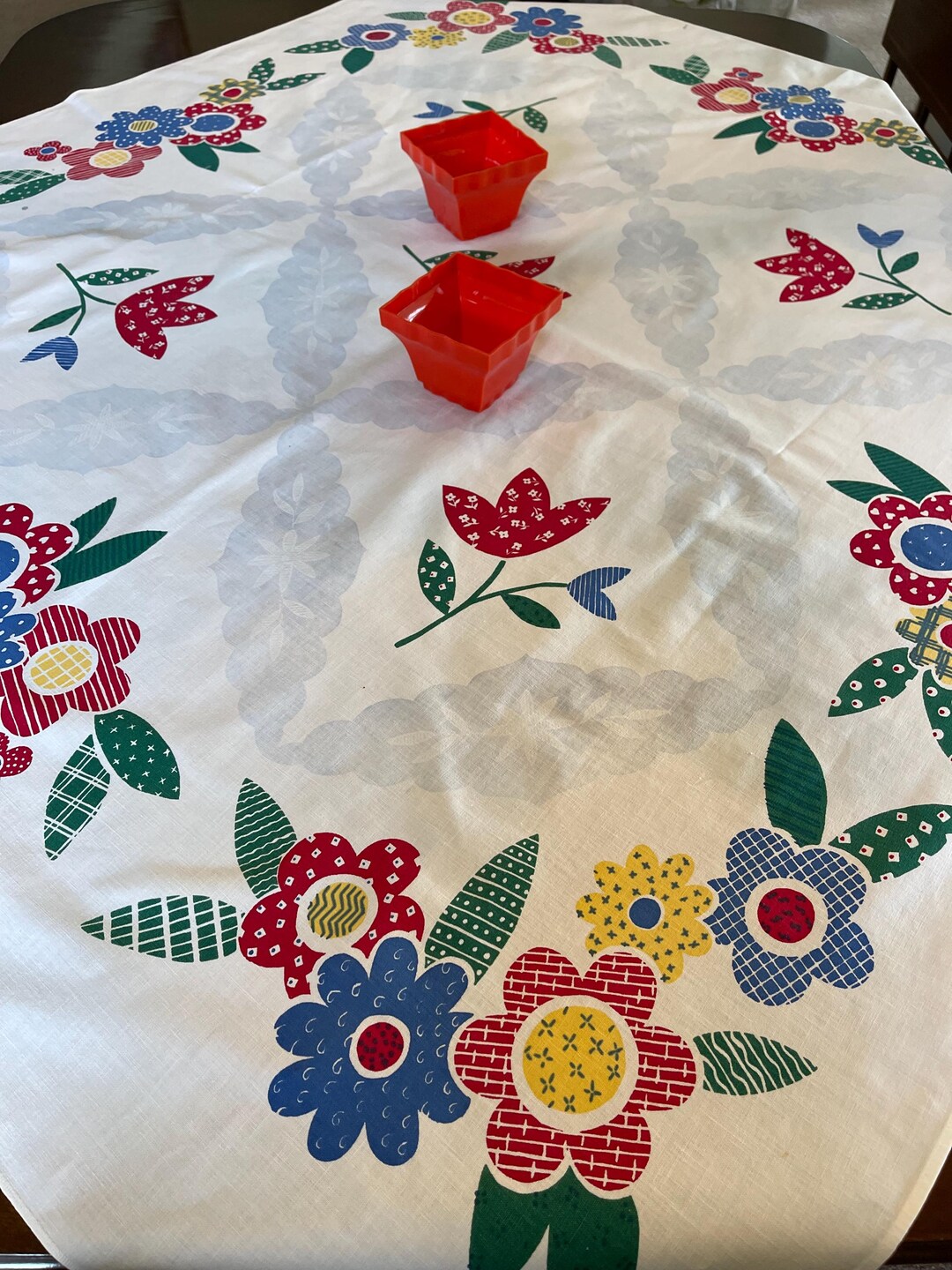 Vintage Tablecloth Calico Applique Daisies Patriotic Print Kitchen ...
