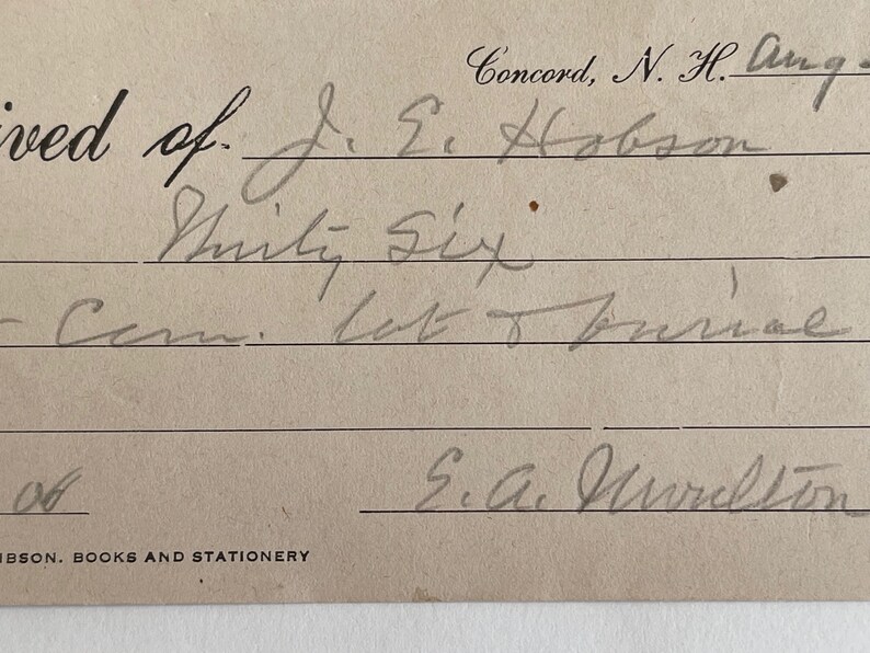 Vintage Cemetery Plot Records, Payment and Maintenance, 1916 Concord ...