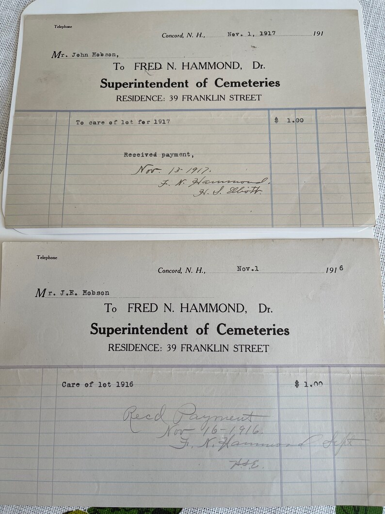 Vintage Cemetery Plot Records, Payment and Maintenance, 1916 Concord ...
