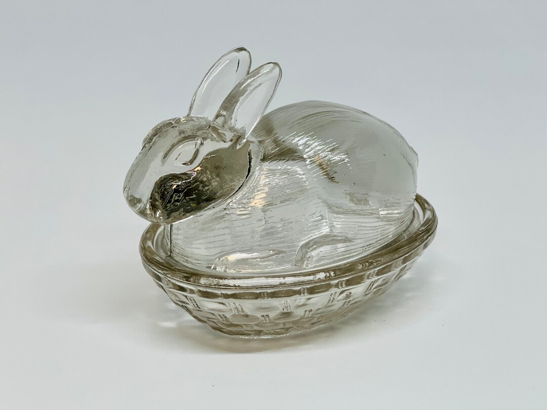 Vintage LE Smith Clear Art Glass Bunny Rabbit on Nest Lidded Dish ...