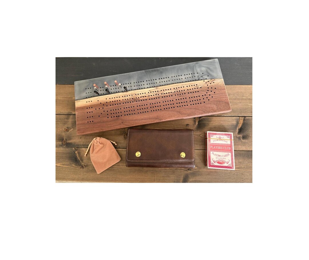 3 Player Cribbage Board Gray Epoxy Resin Black Walnut Fabric Pouch ...