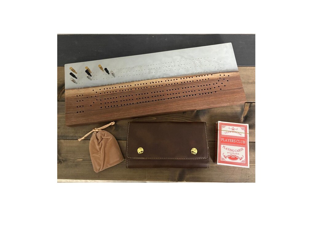 3 Player Cribbage Board White Epoxy Resin Black Walnut Fabric Pouch ...