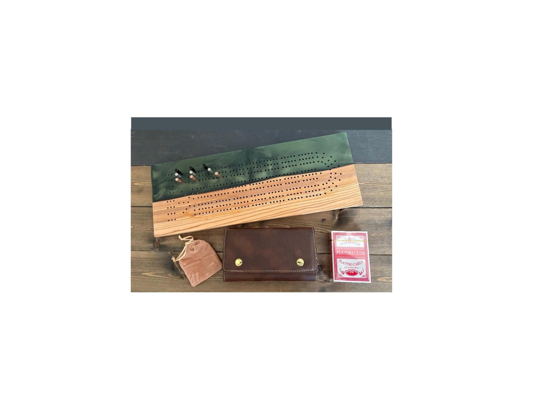 3 Player Cribbage Board Green Epoxy Resin Olivewood Fabric Pouch ...