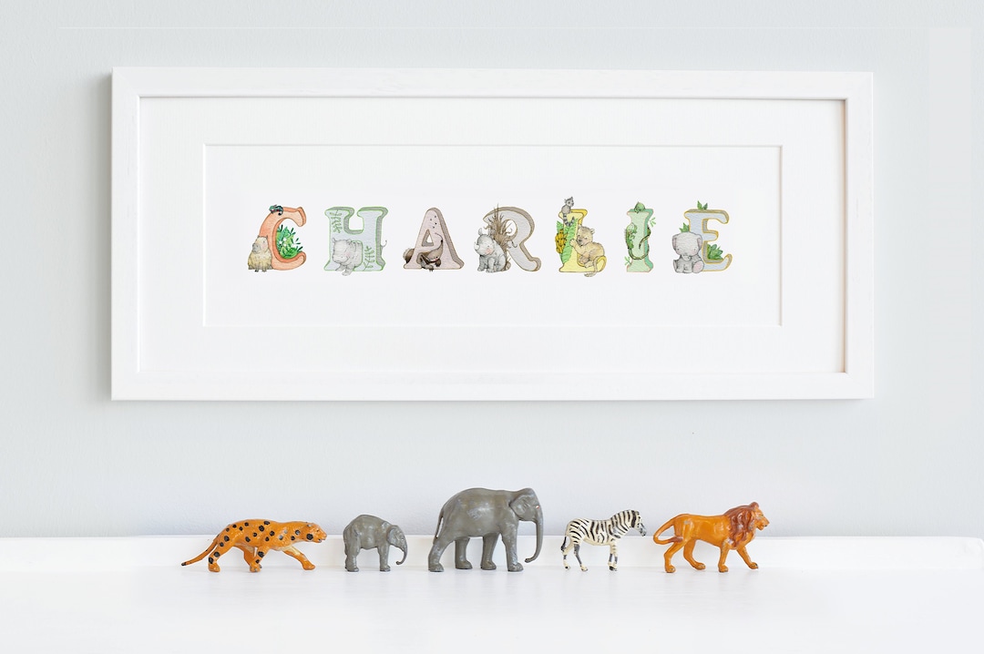FRAMED Name Art, Personalised Print, Bright Jungle Animal, Safari ...