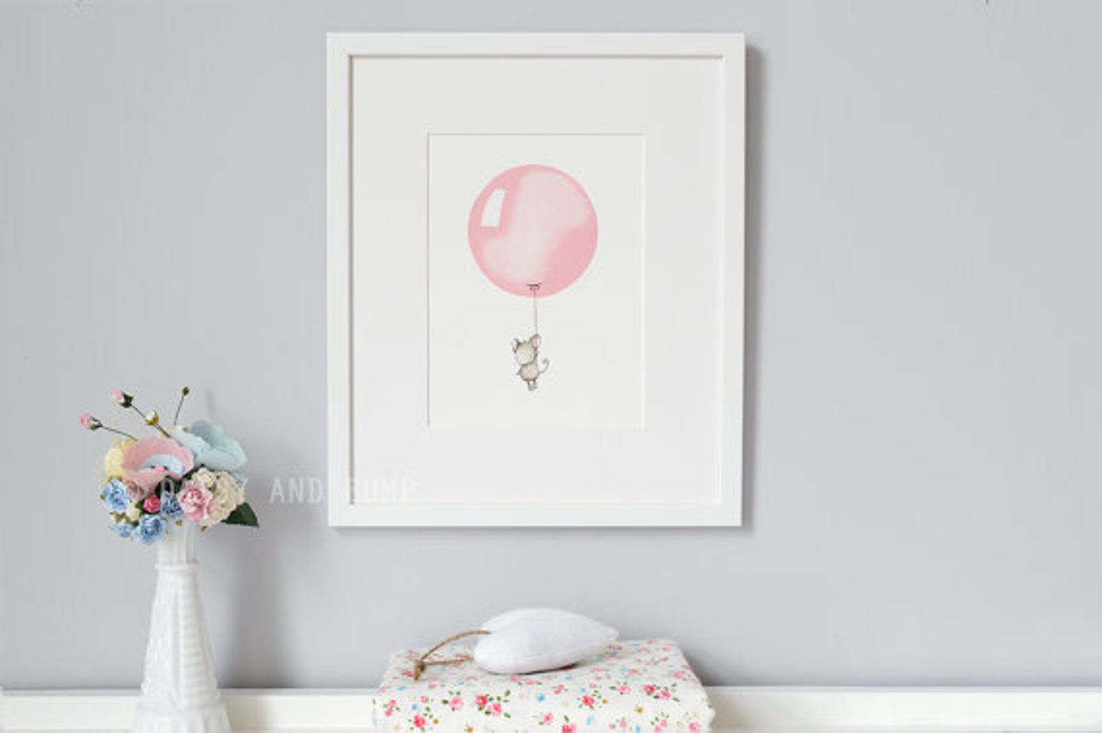 SET of 3 UNFRAMED Balloon Prints, Pastel Pink, Rose Pink, Peach, Rabbit ...