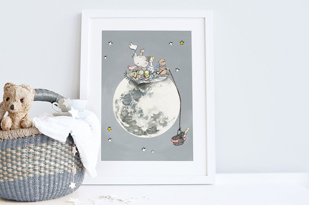 UNFRAMED Children's Moon Art, Space Theme Nursery, Kid's Bedroom Decor ...