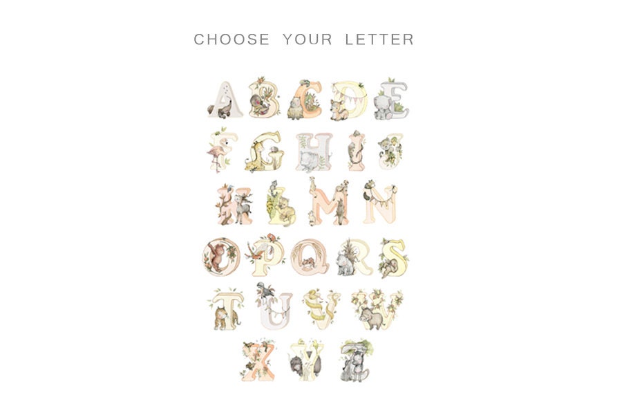 A-Z Soft Neutral Jungle Safari Animal Letter Print, UNFRAMED Nursery ...