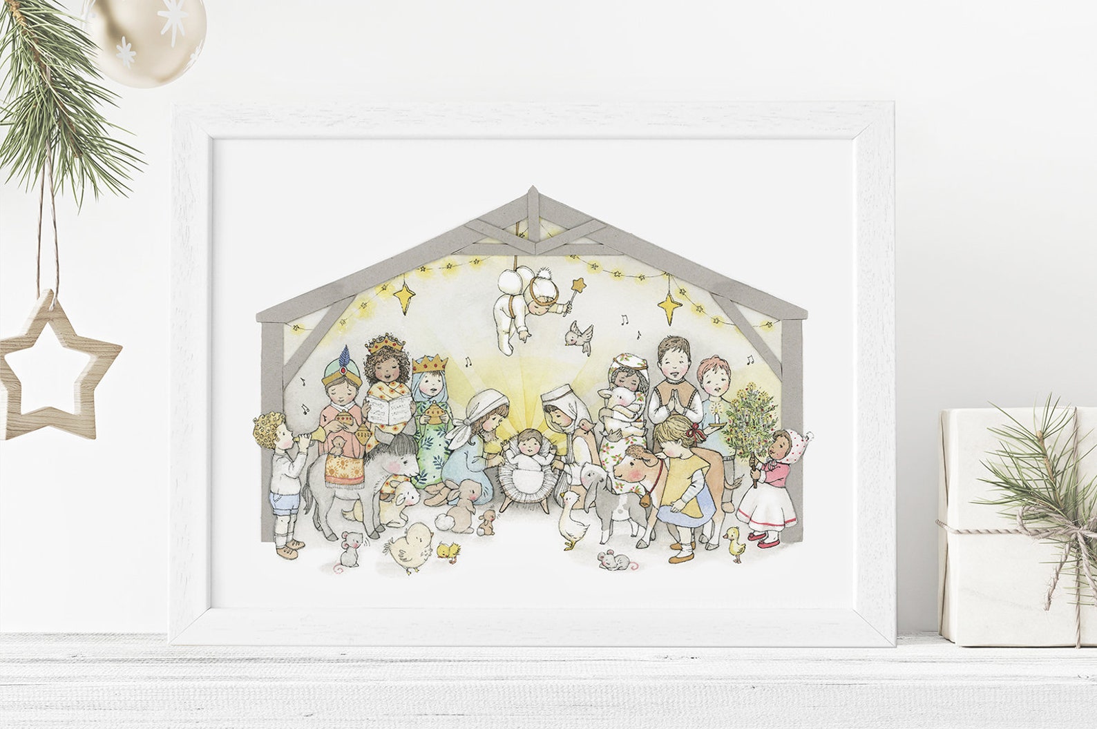 Children's Nativity Scene Illustration, UNFRAMED Nursery Art, Kid's ...