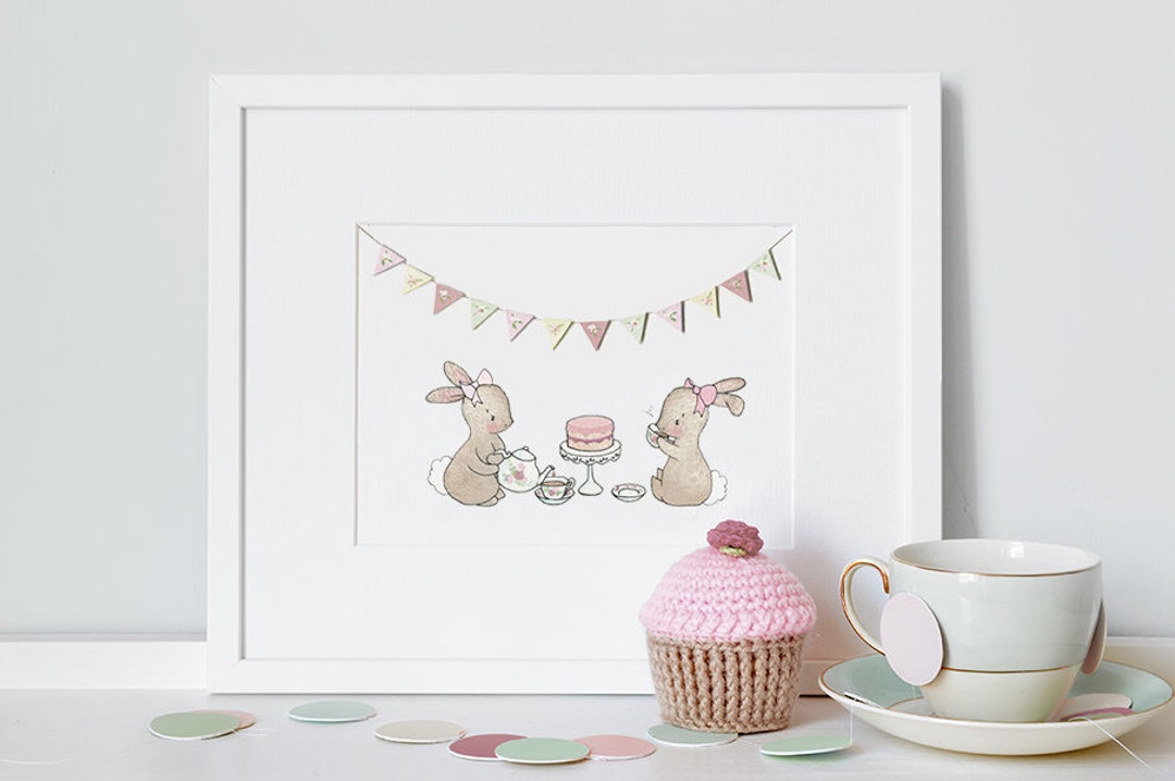 Tea Party Picture, UNFRAMED Girl's Nursery Art, Whimsical, Rabbit ...