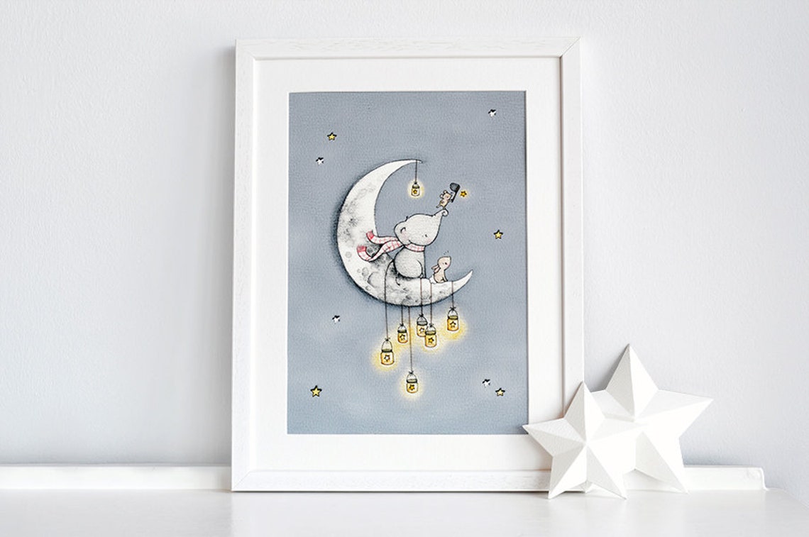 Catching Stars Print, UNFRAMED Children's Picture, Moon and Stars ...