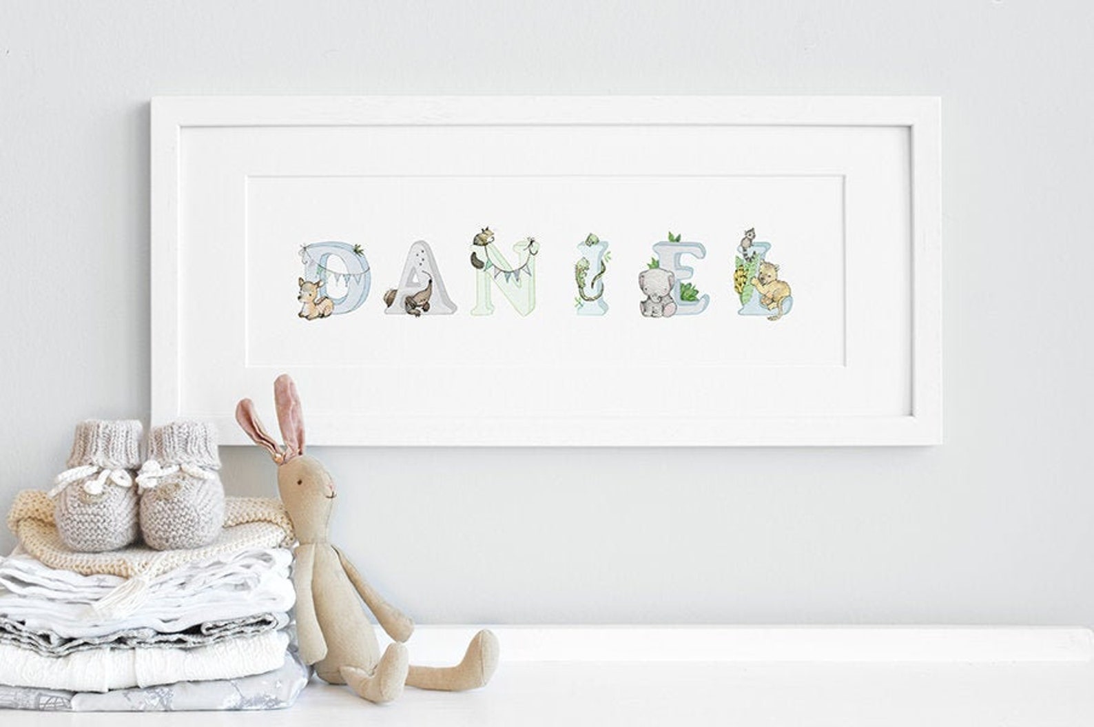 FRAMED Name Art, Personalised Print, Jungle Animal, Boy's Nursery, Blue ...