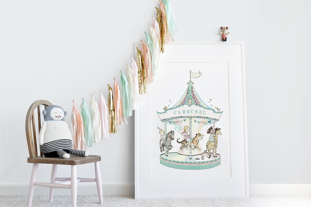 Carousel Illustration, UNFRAMED Big Childrens Picture, Extra Large Kids ...