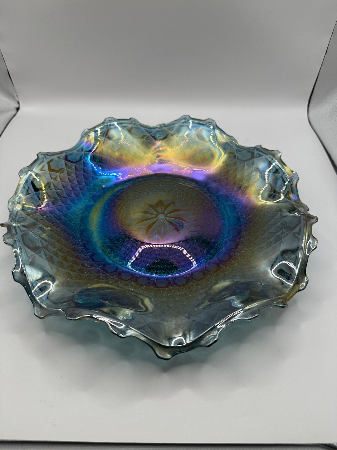 Vintage Blue Indiana Carnival Glass Iridescent Diamond Cut Ruffled Edge ...