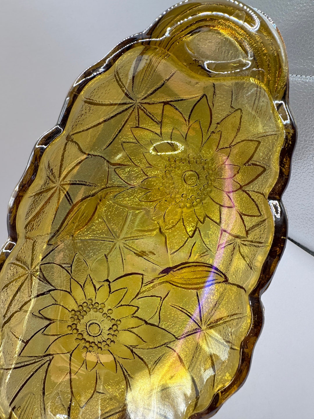 Vintage Indiana Carnival Glass Amber Marigold Relish/pickle Dish Lily ...