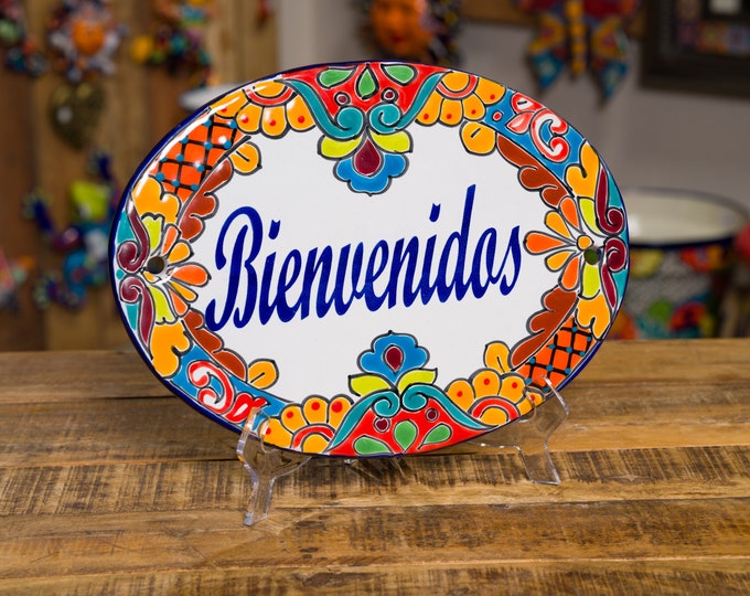 Traditional Mexican Talavera Bienvenidos" Ceramic Welcome Oval Sign ...
