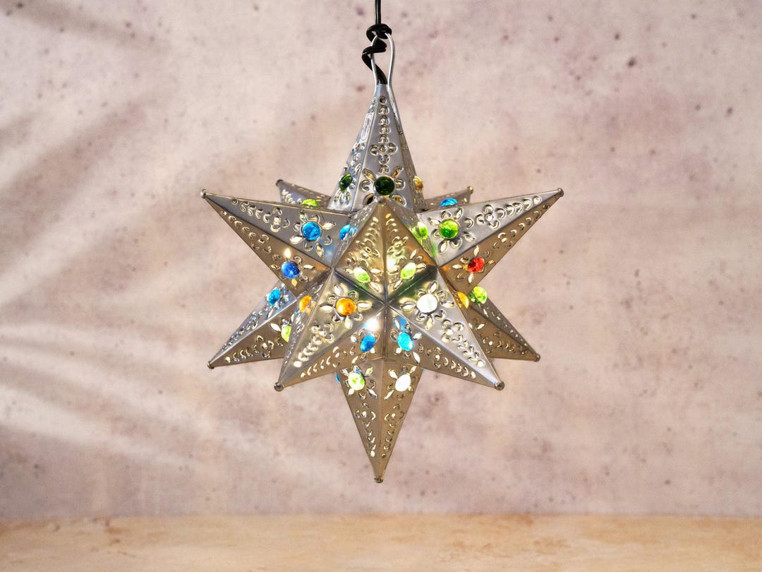 Hanging Mexican Handmade Tin Star Lantern Light Marbles Indoor Outdoor ...