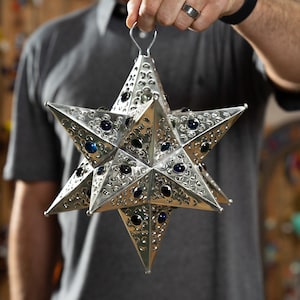 Hanging Mexican Handmade Tin Star Lantern Light Marbles Indoor Outdoor ...