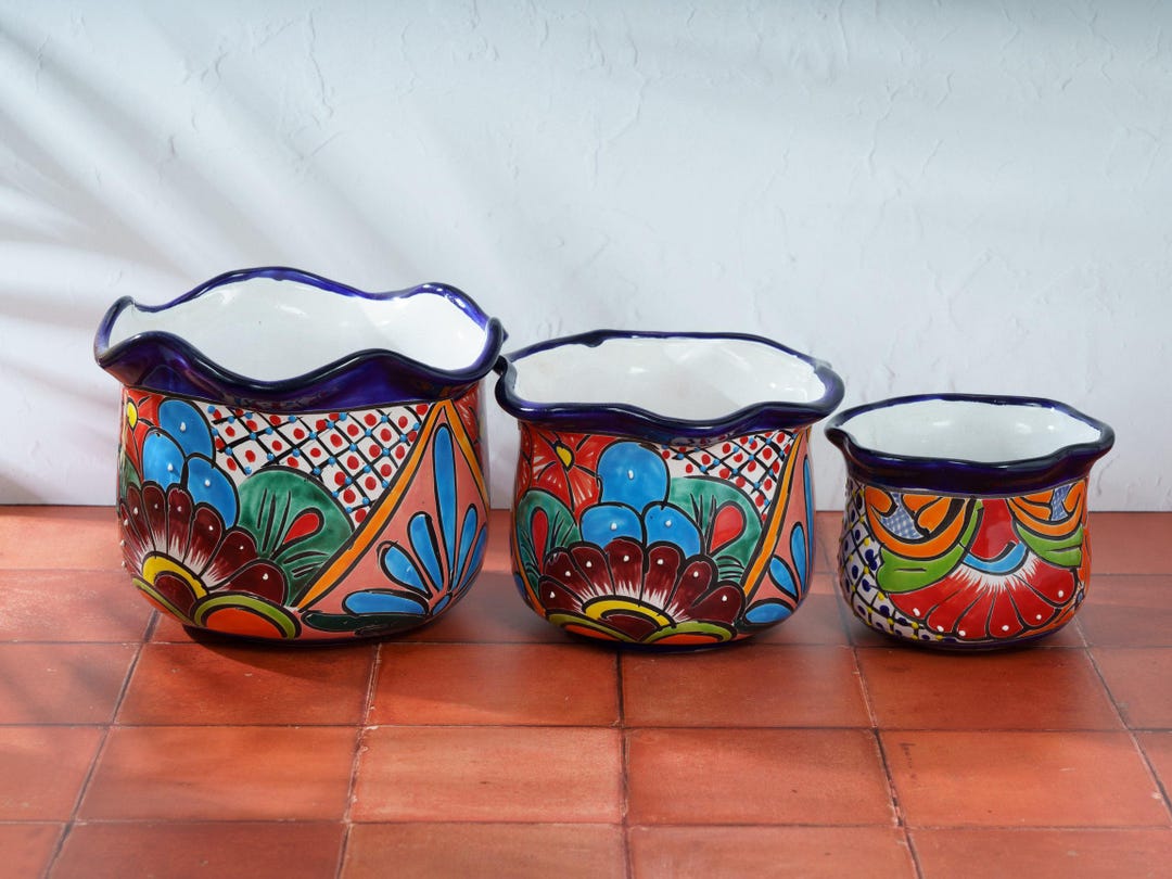 Mexican Talavera Ceramic Pottery Matching Set Planter Flower Pot Made ...