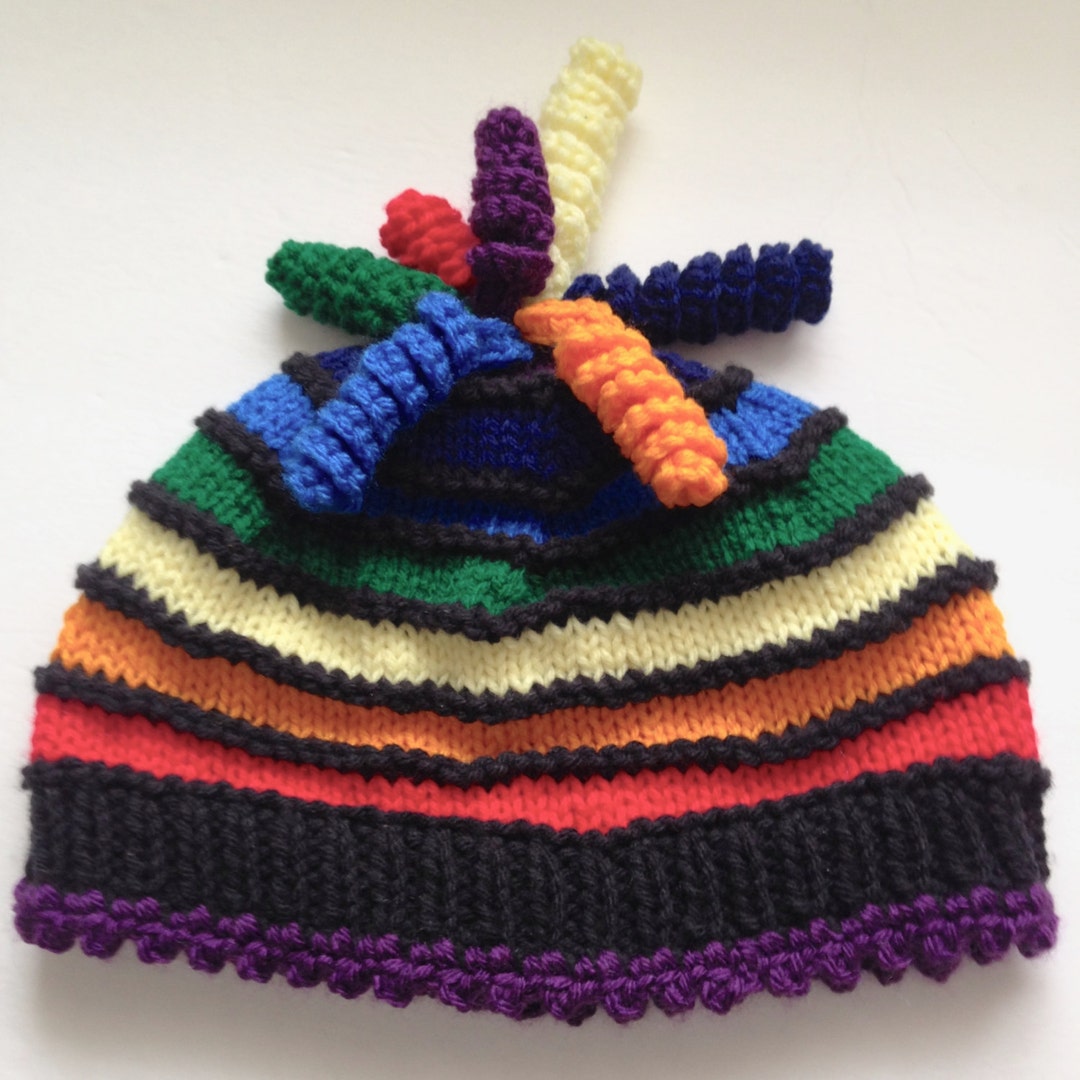 Rainbow Hat, Hand Knit, Adult Size Hat, Hat With Rainbow Stripes, Black ...