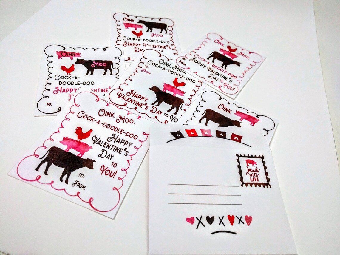 Kids Valentine Cards Farm Animals School Valentines Cow Pig | Etsy