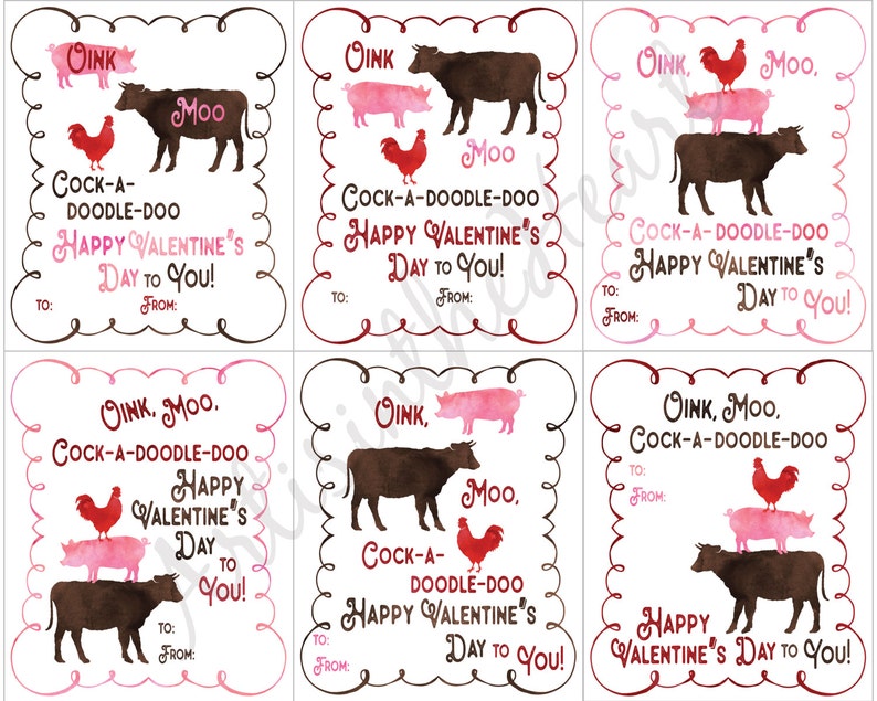 Kids Valentine Cards Farm Animals School Valentines Cow Pig Valentines ...