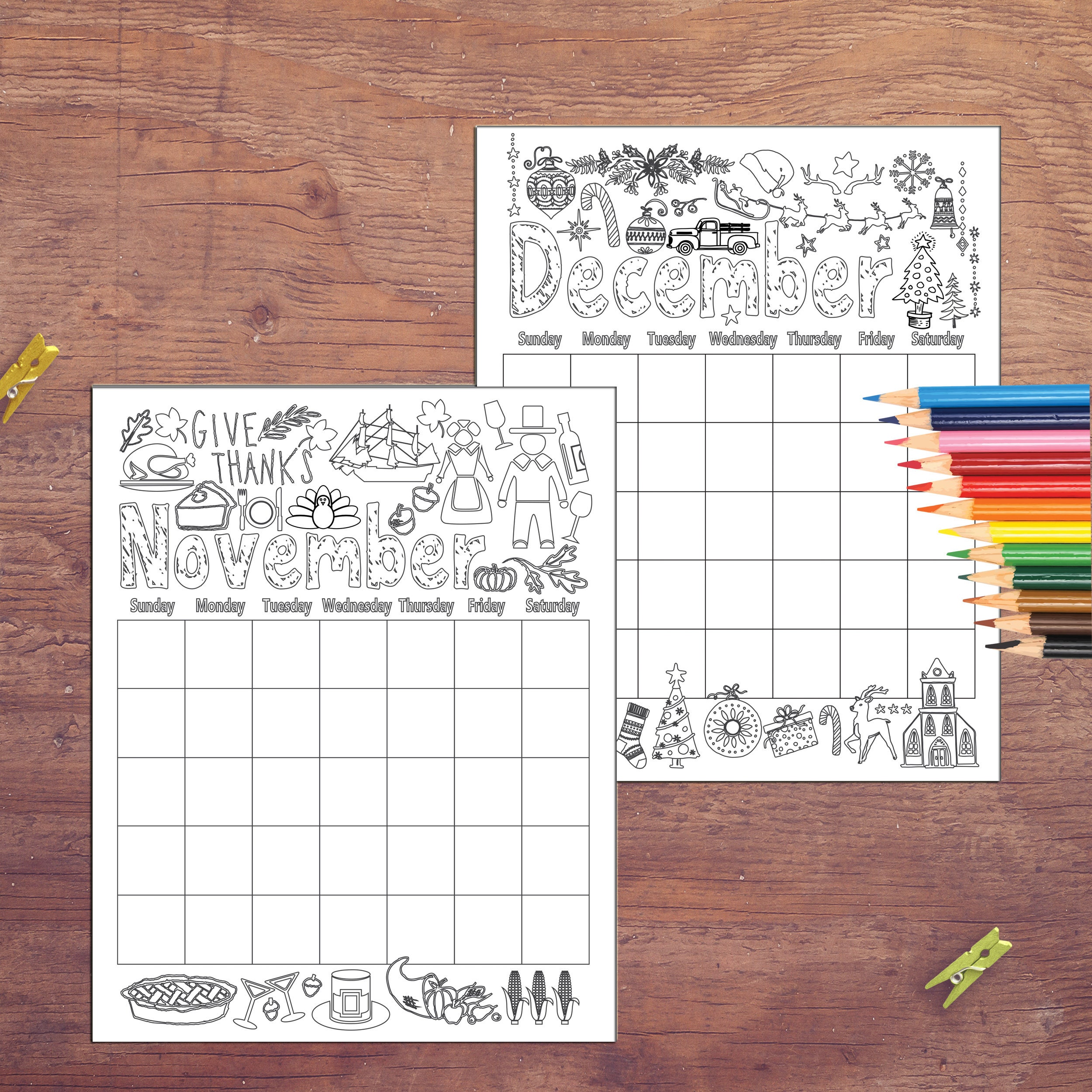 Coloring Calendar Coloring Pages Undated Printable Coloring | Etsy