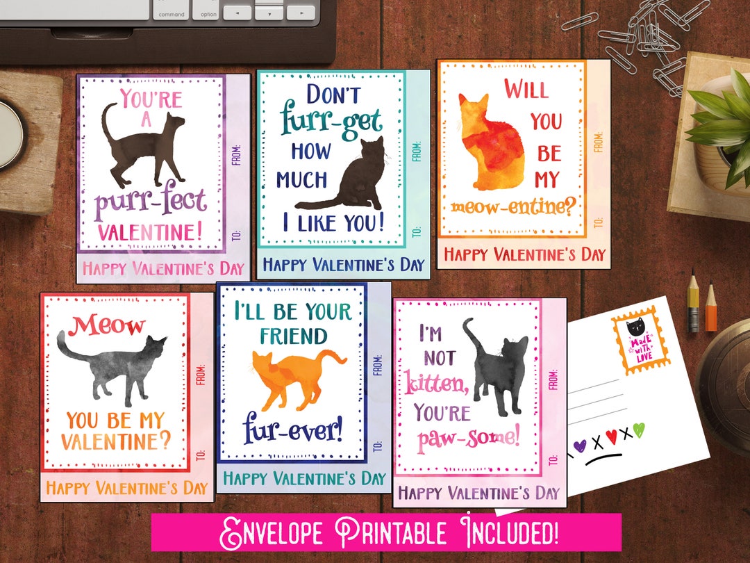 Valentine Cards for Kids Cat Valentines for School Valentines Printable ...