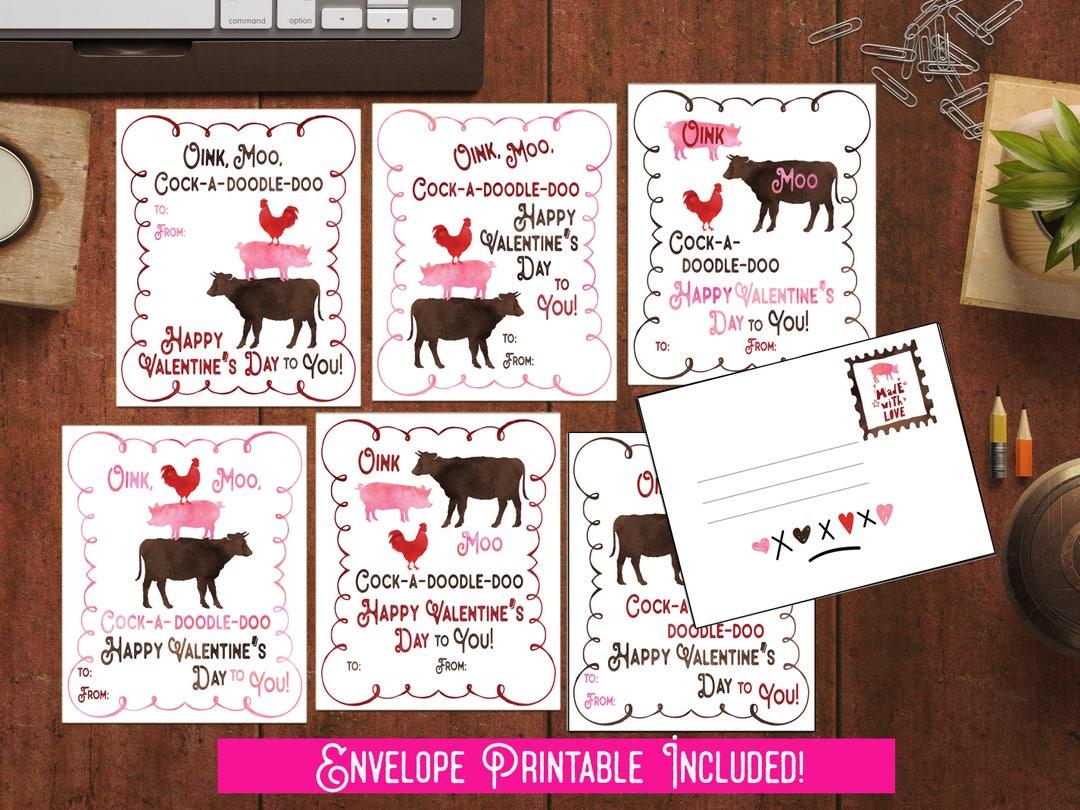 Kids Valentine Cards Farm Animals School Valentines Cow Pig Valentines ...