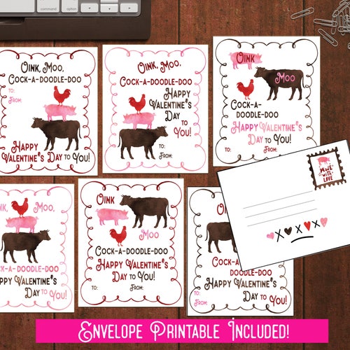 PRINTABLE Farm Valentine Cards Set of 8 Classroom Valentines - Etsy