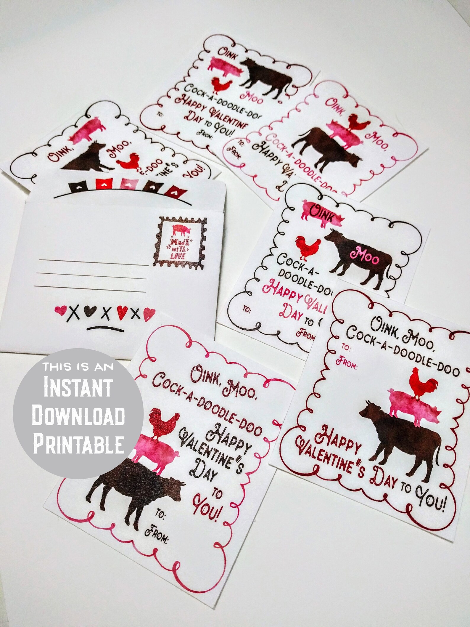 Kids Valentine Cards Farm Animals School Valentines Cow Pig | Etsy